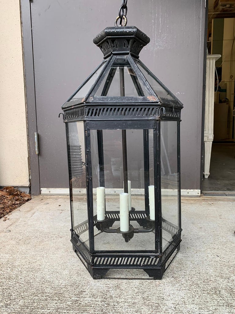 20th Century Hexagonal Black Metal Four-Light Hanging Lantern at 1stDibs