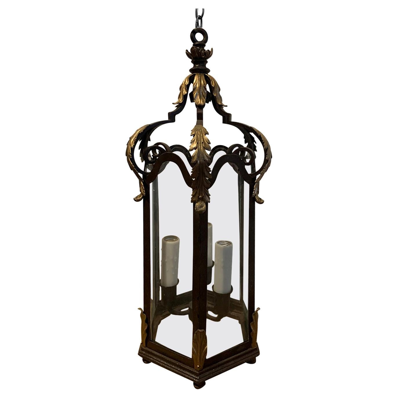 Iron and Glass Three-Light Lantern with Circle and Acanthus Leaf Motif ...