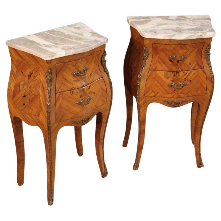 20th Century Inlaid Wood with Marble Top French Night Stands, 1960 For ...