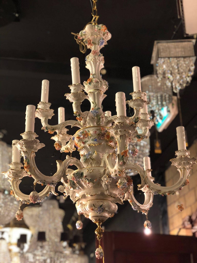 20th Century Italian 12 Lights Porcelain Chandelier with Flowers and ...