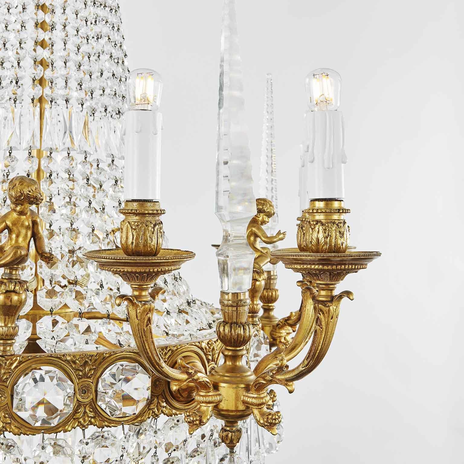 20th Century Italian Empire Crystal Chandelier with Gilt Bronze Frame with Putti at 1stDibs