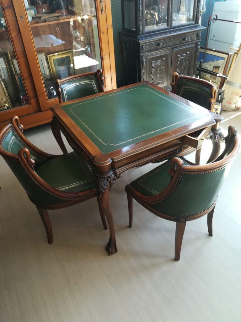 20th Century Italian Game Table with Four Chairs in Walnut and Green ...
