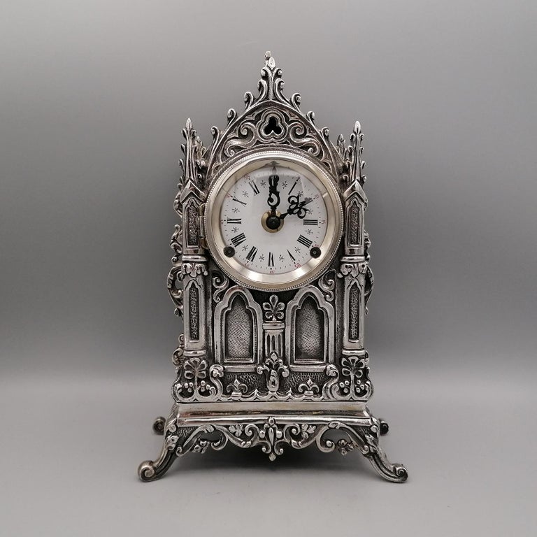 20th Century Italian Gothic revival Silver Table Clock For Sale at 1stDibs