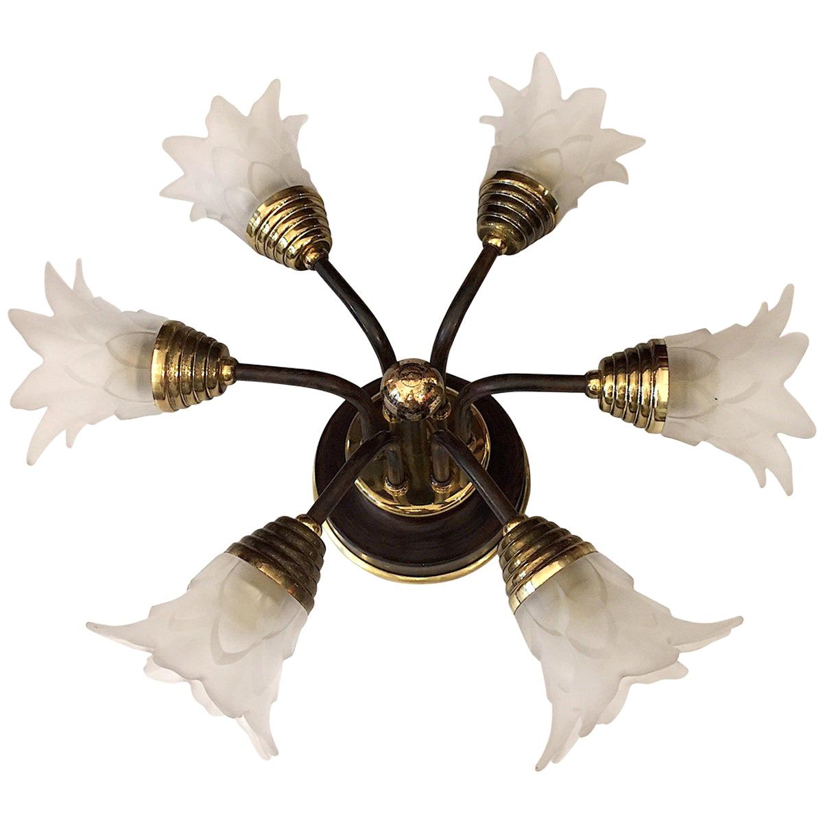 20th Century Italian Iron Ceiling Fixture with Glass Flower Shades by ...