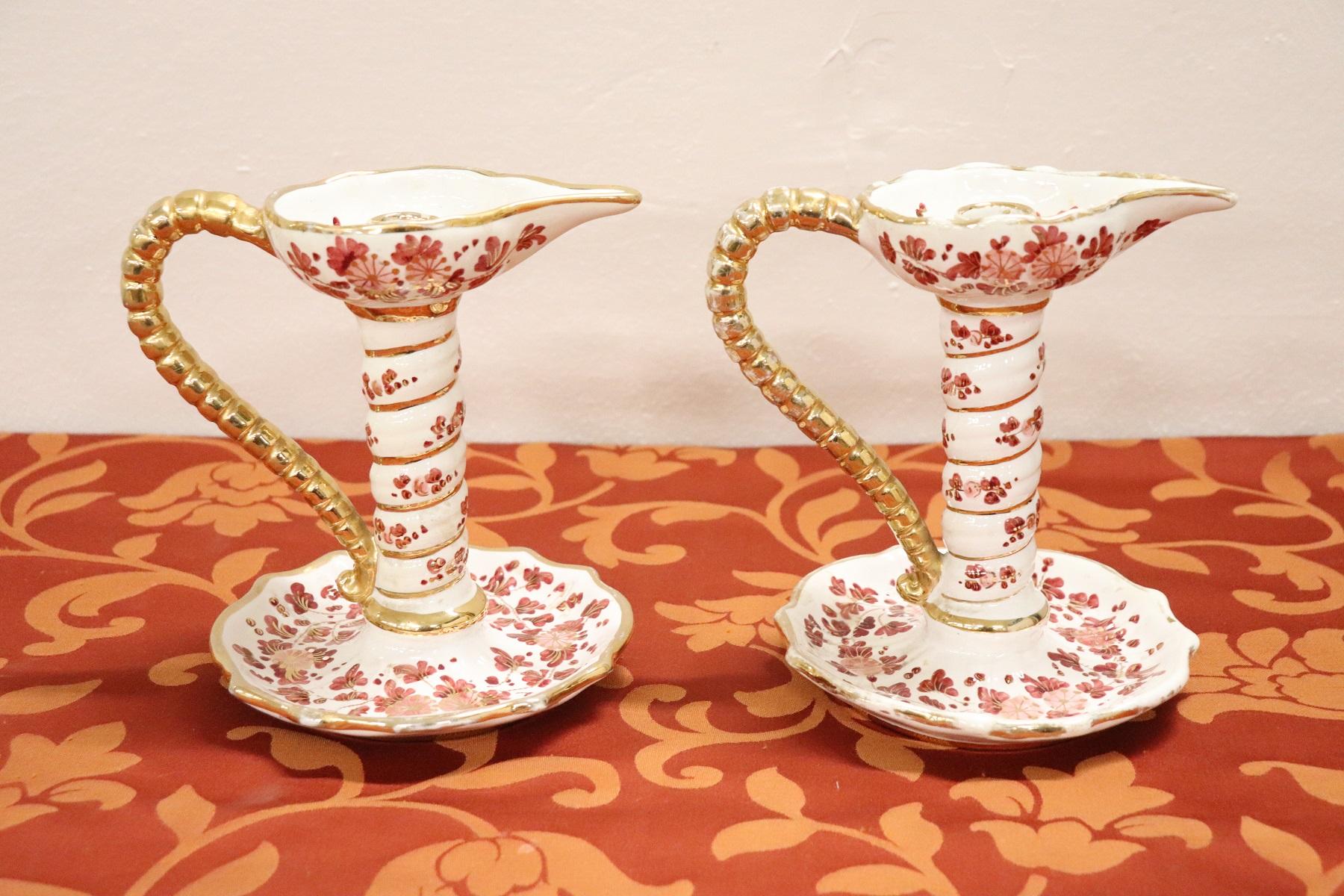 20th Century Italian Pair of Hand Painted Ceramic Candlesticks by ...