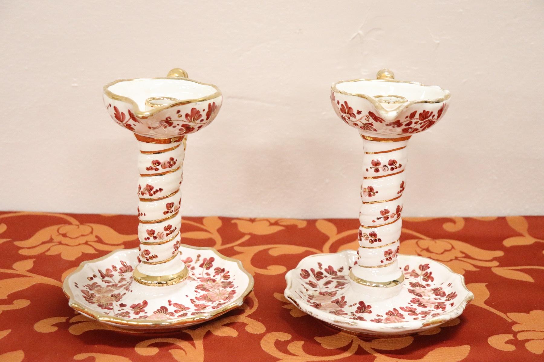 20th Century Italian Pair of Hand Painted Ceramic Candlesticks by ...