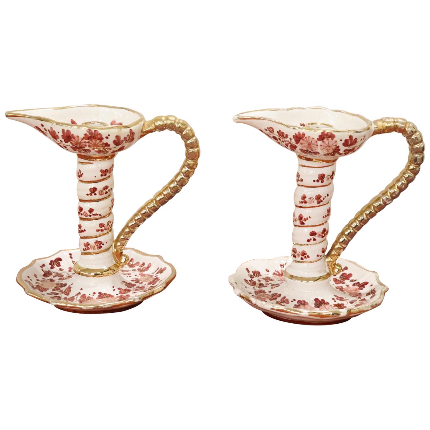 20th Century Italian Pair of Hand Painted Ceramic Candlesticks by ...