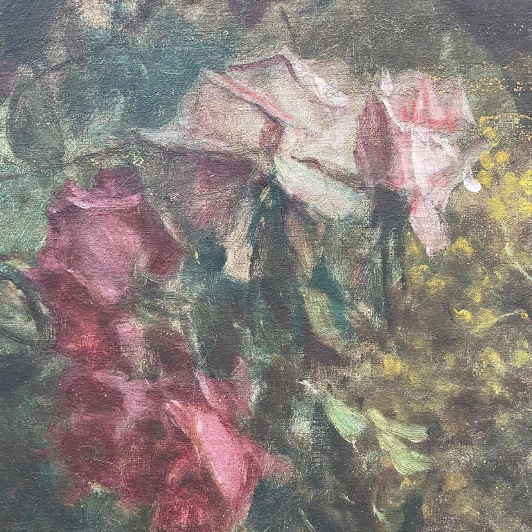 20th Century Italian Still Life Roses and Mimosas by Licinio Barzanti 1930 circa For Sale at 1stDibs