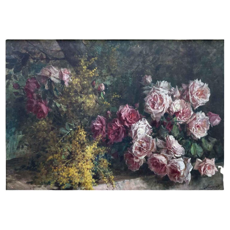 20th Century Italian Still Life Roses and Mimosas by Licinio Barzanti 1930 circa For Sale at 1stDibs