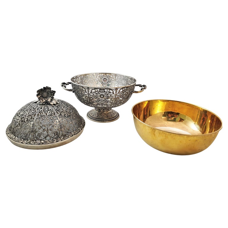 20th Century Italian Silver Fretwork Basket with Cover by Messulam ...