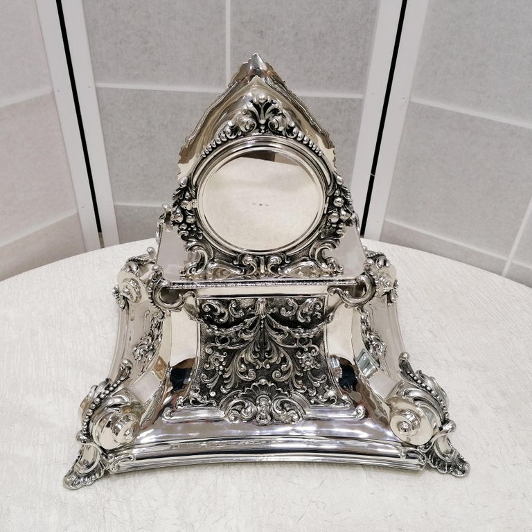 20th Century Italian Silver Table Clock Barocco revival For Sale at 1stDibs