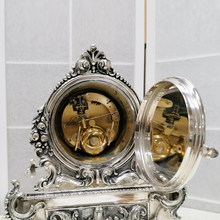 20th Century Italian Silver Table Clock Barocco revival For Sale at 1stDibs
