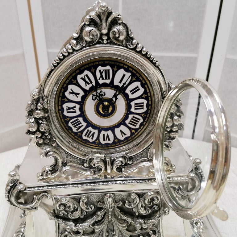 20th Century Italian Silver Table Clock Barocco revival For Sale at 1stDibs