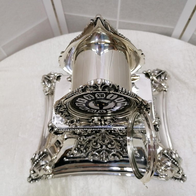 20th Century Italian Silver Table Clock Barocco revival For Sale at 1stDibs