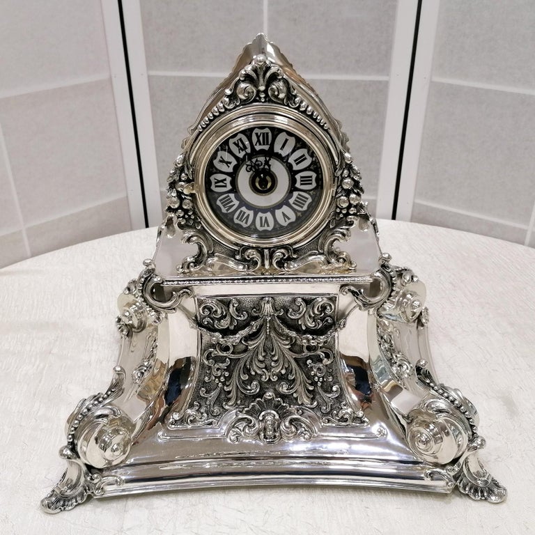 20th Century Italian Silver Table Clock Barocco revival For Sale at 1stDibs