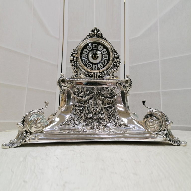 20th Century Italian Silver Table Clock Barocco revival For Sale at 1stDibs