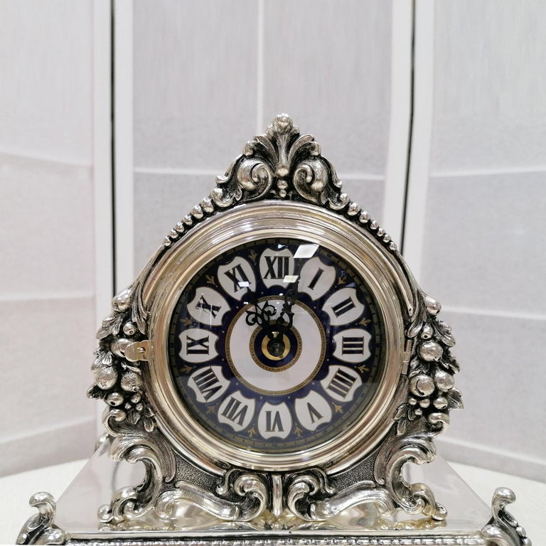 20th Century Italian Silver Table Clock Barocco revival For Sale at 1stDibs
