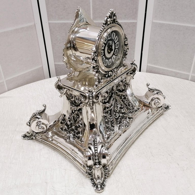 20th Century Italian Silver Table Clock Barocco revival For Sale at 1stDibs