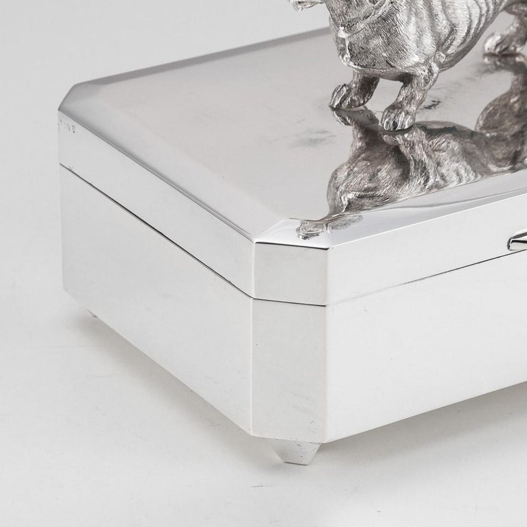 20th Century Italian Solid Silver Cigar Box Mounted With A Dachshund, c ...