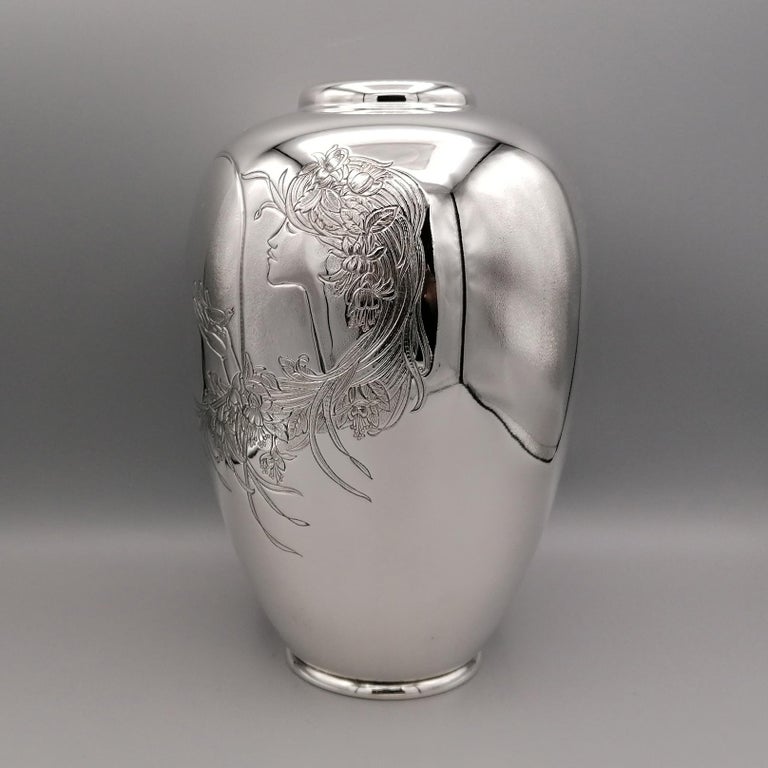 20th Century Italian Solid Silver Engraved Vase For Sale at 1stDibs