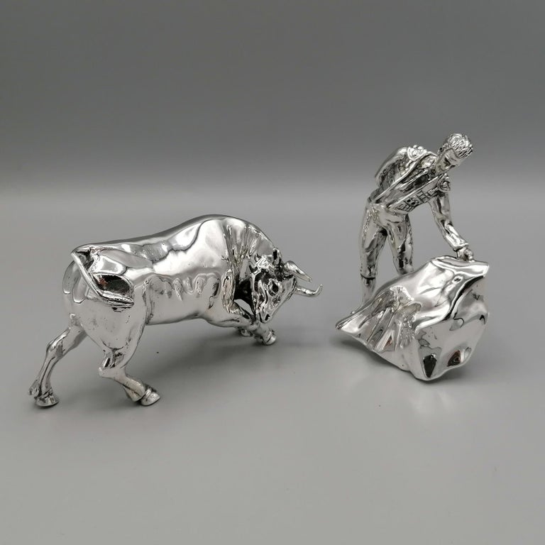 20th Century Italian Sterling Siver Bull and Bullfighter Sculpture For ...
