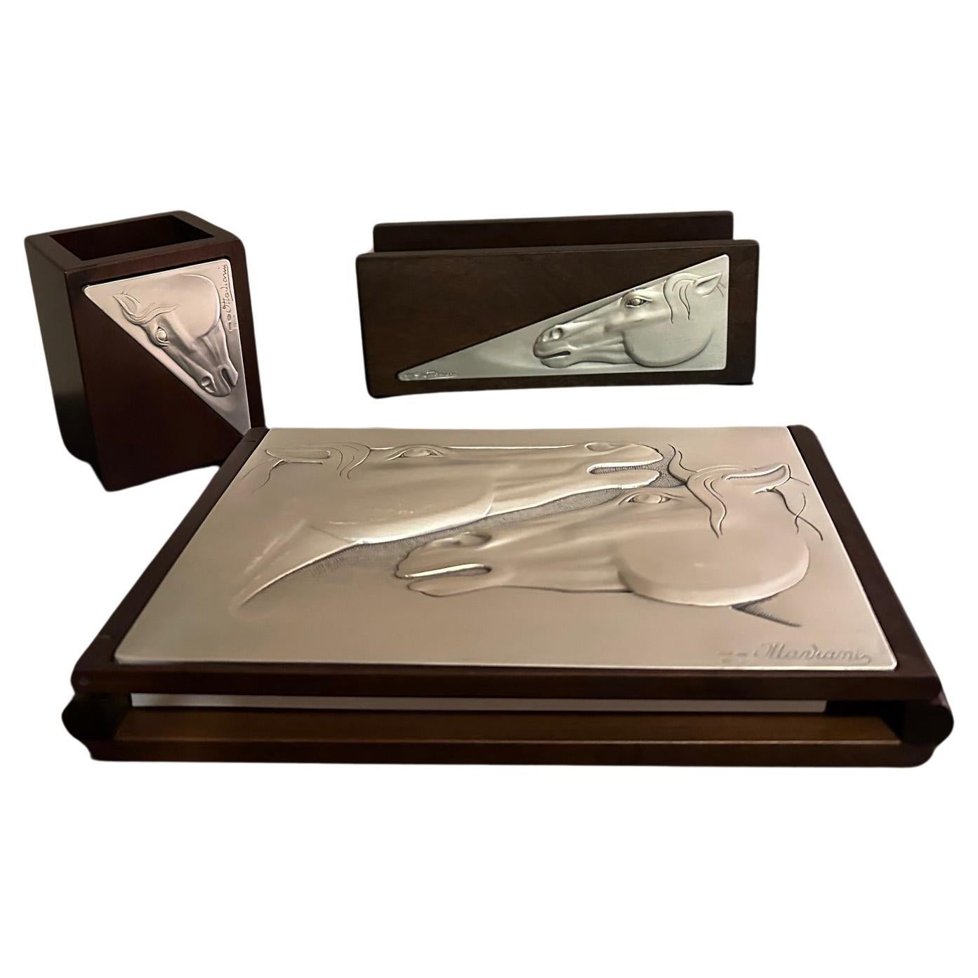 20th century Italian Teak and Silver Desk set, 1980s For Sale at 1stDibs