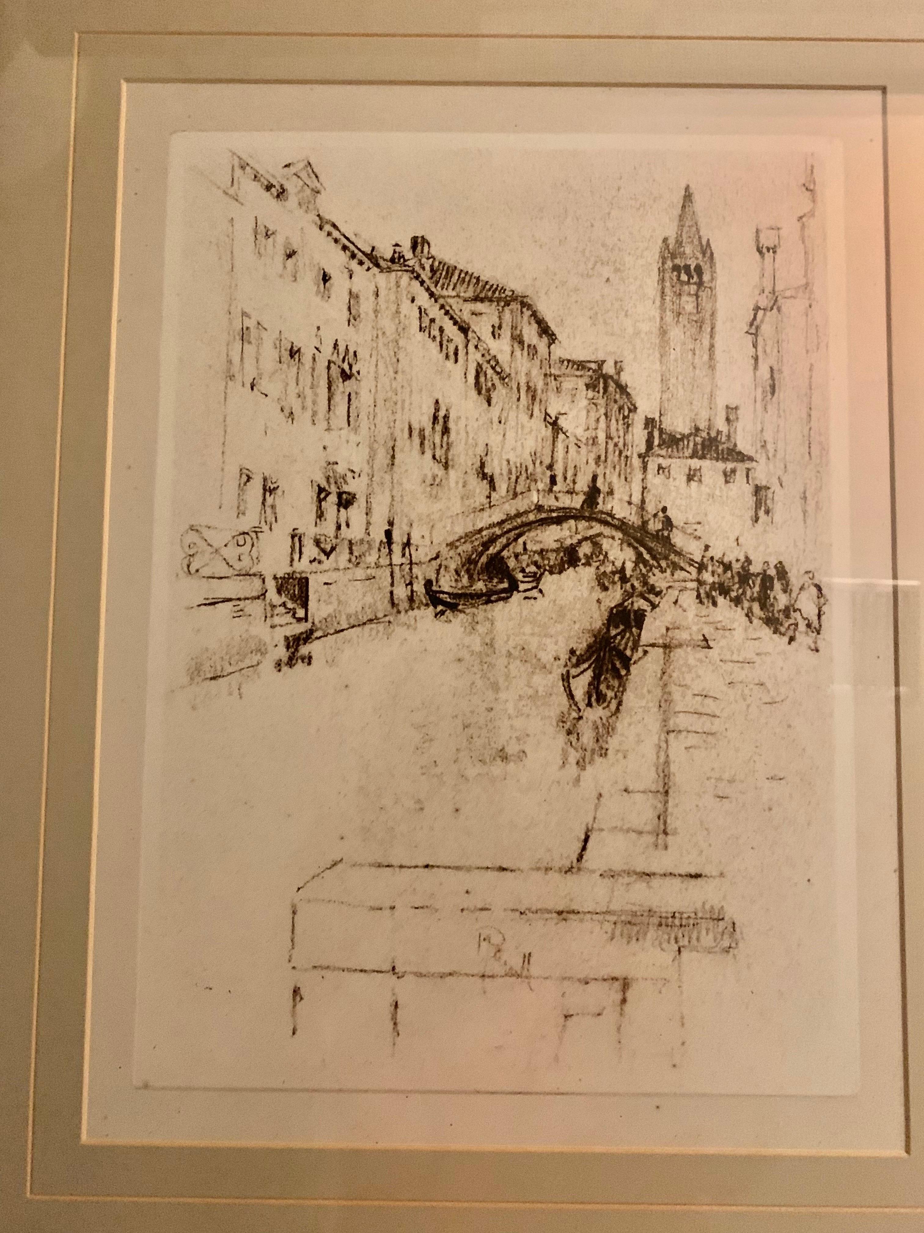 20th Century Italian Venice Canal Charcoal Drawing For Sale at 1stDibs