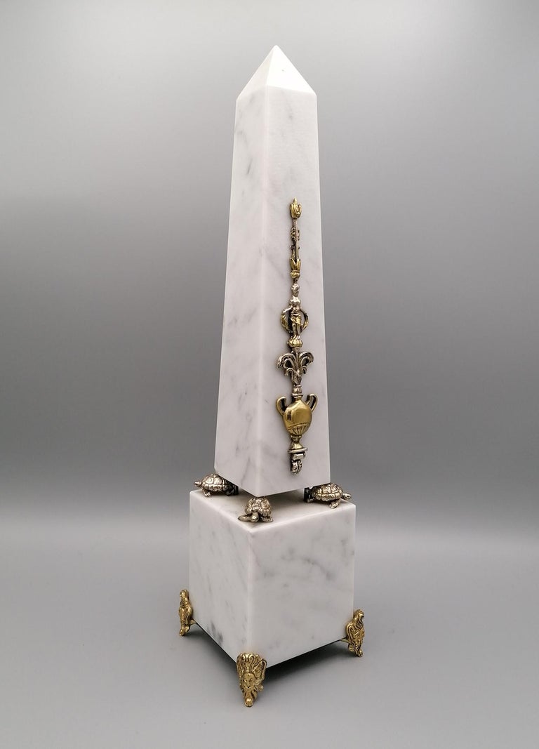 20th Century Italian White Carrara Marble Obelisk with Sterling Silver ...