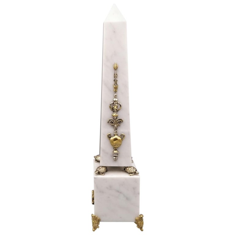 20th Century Italian White Carrara Marble Obelisk with Sterling Silver ...