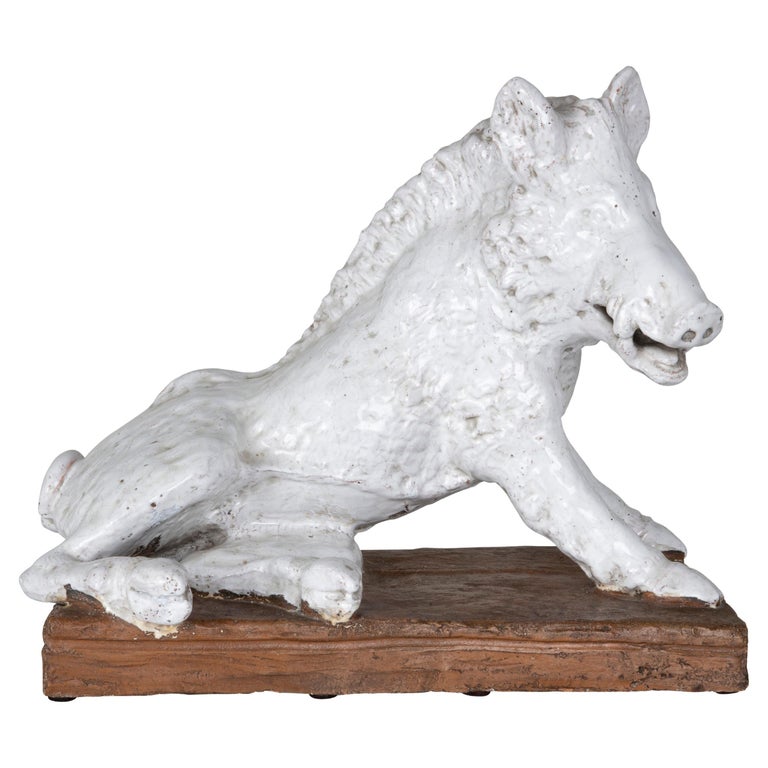 Monumental White Hand-Molded Raku Boar Rust Color Base at 1stDibs
