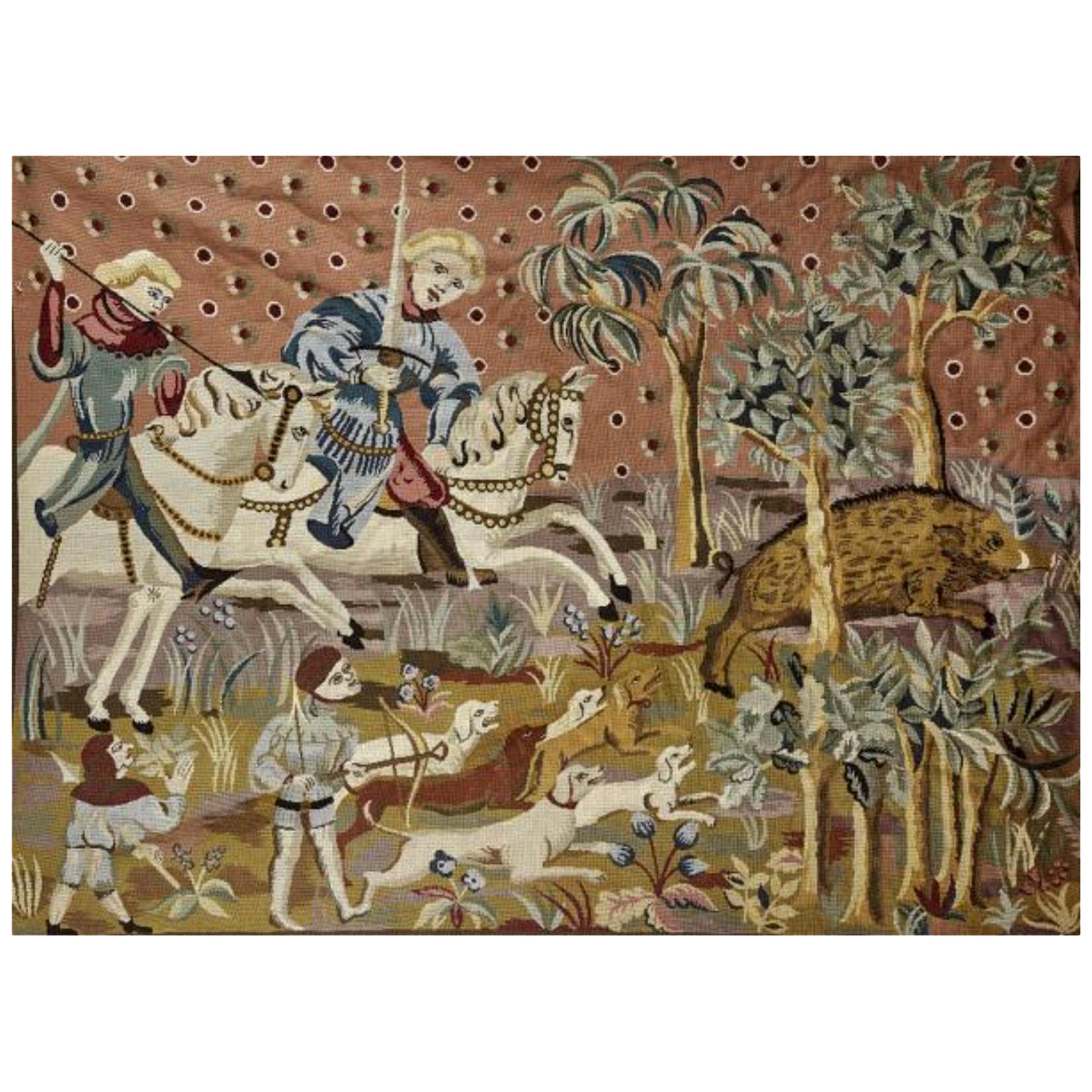 20th Century Large French Vintage Wool Tapestry with Hunting Scene at ...