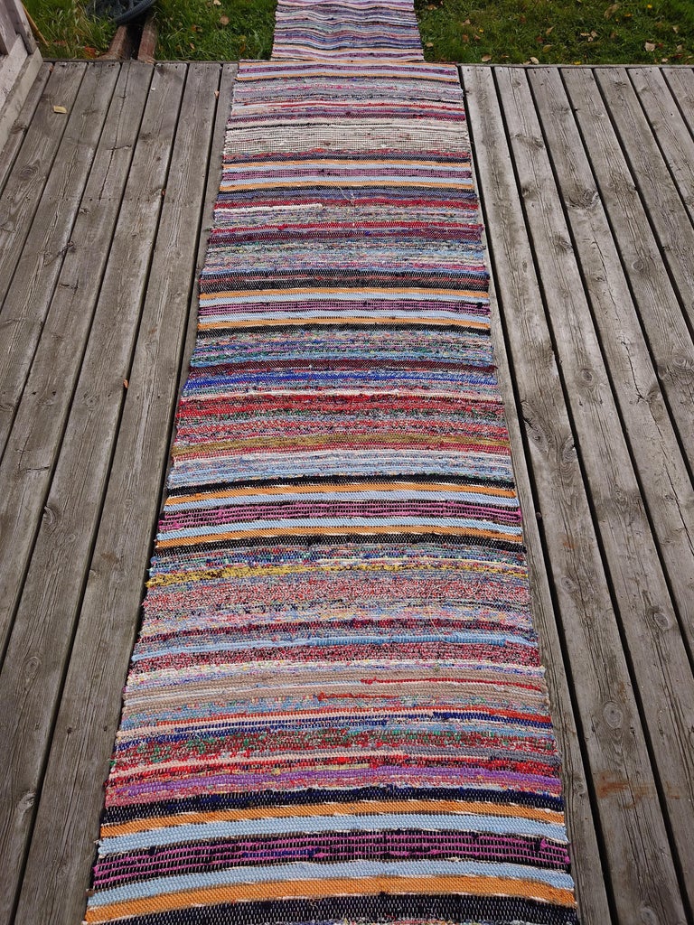 20th Century Long Swedish Hand Wowen Rag Rug For Sale at 1stDibs