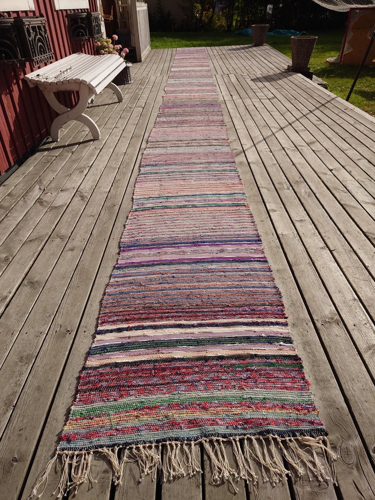20th Century Long Swedish Hand Wowen Rag Rug For Sale at 1stDibs