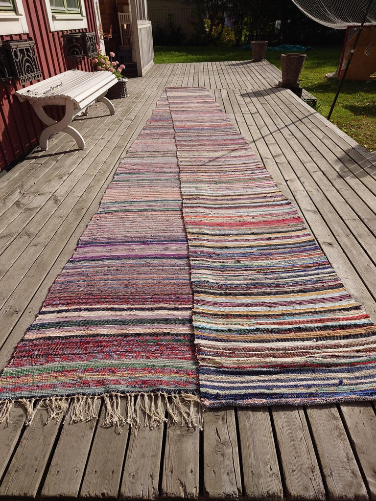 20th Century Long Swedish Hand Wowen Rag Rug For Sale at 1stDibs