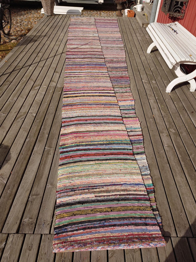 20th Century Long Swedish Hand Wowen Rag Rug For Sale at 1stDibs