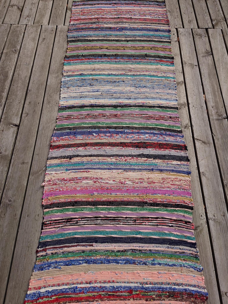 20th Century Long Swedish Hand Wowen Rag Rug For Sale at 1stDibs