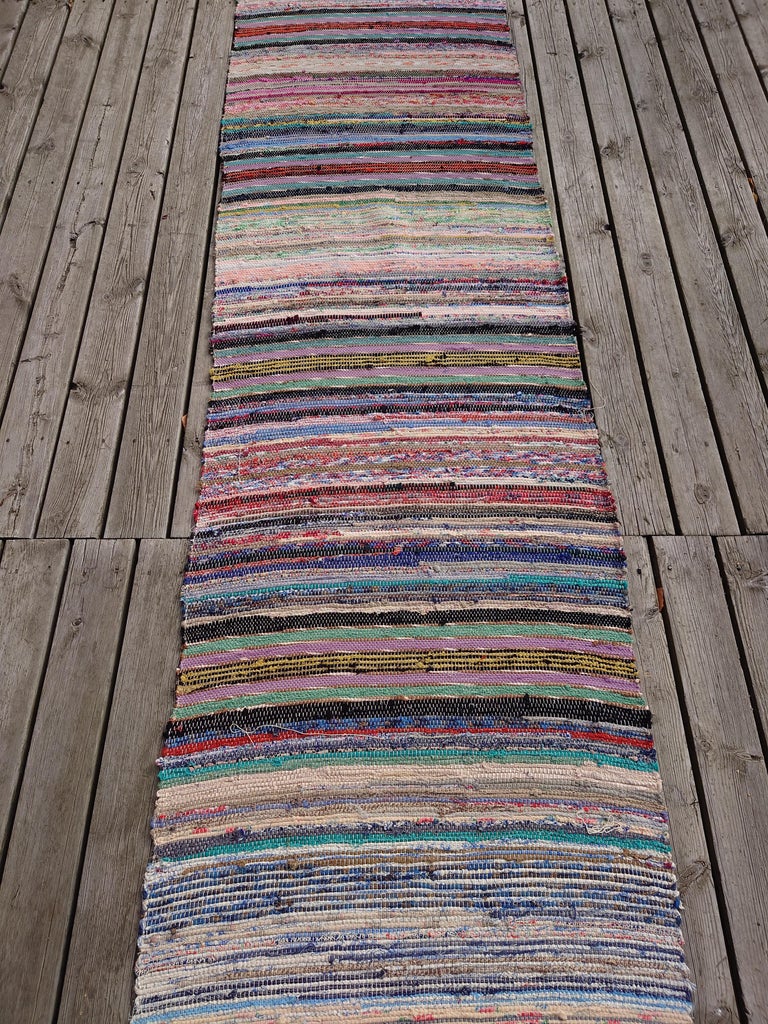 20th Century Long Swedish Hand Wowen Rag Rug For Sale at 1stDibs
