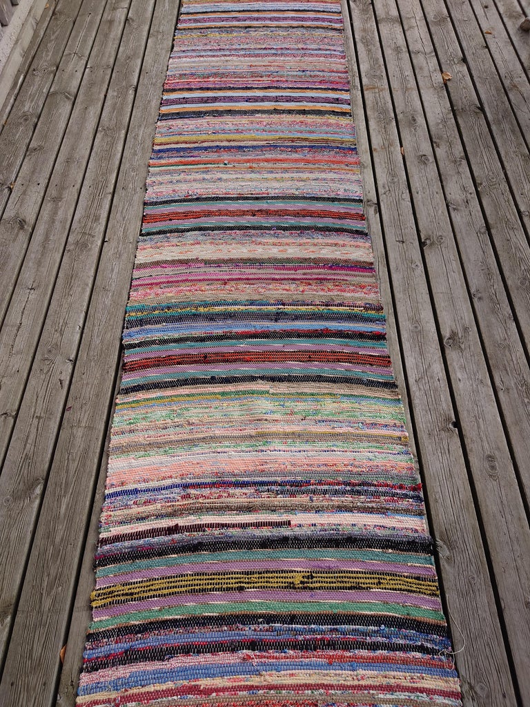 20th Century Long Swedish Hand Wowen Rag Rug For Sale at 1stDibs