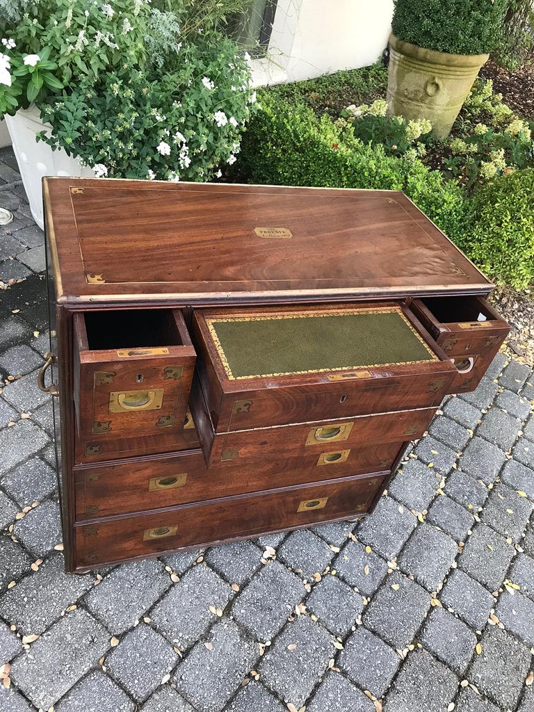 20th Century Mahogany Campaign Style Secretary Chest with Brass Inlay ...