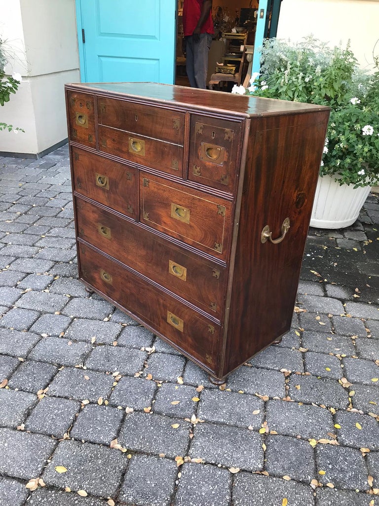 20th Century Mahogany Campaign Style Secretary Chest with Brass Inlay ...