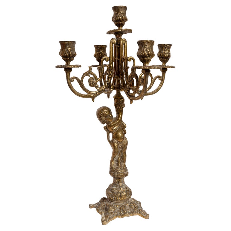 20th Century Metal Gold Brass Decorative Candlesticks with Angel, Italy ...
