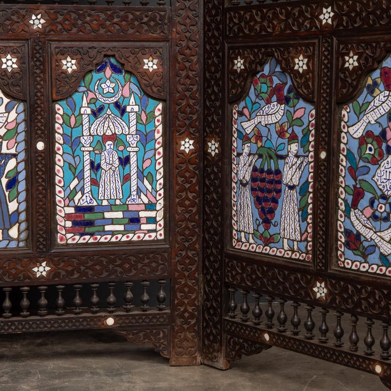 20th Century Middle-Eastern Folding Screen with Enamel Panels at 1stDibs