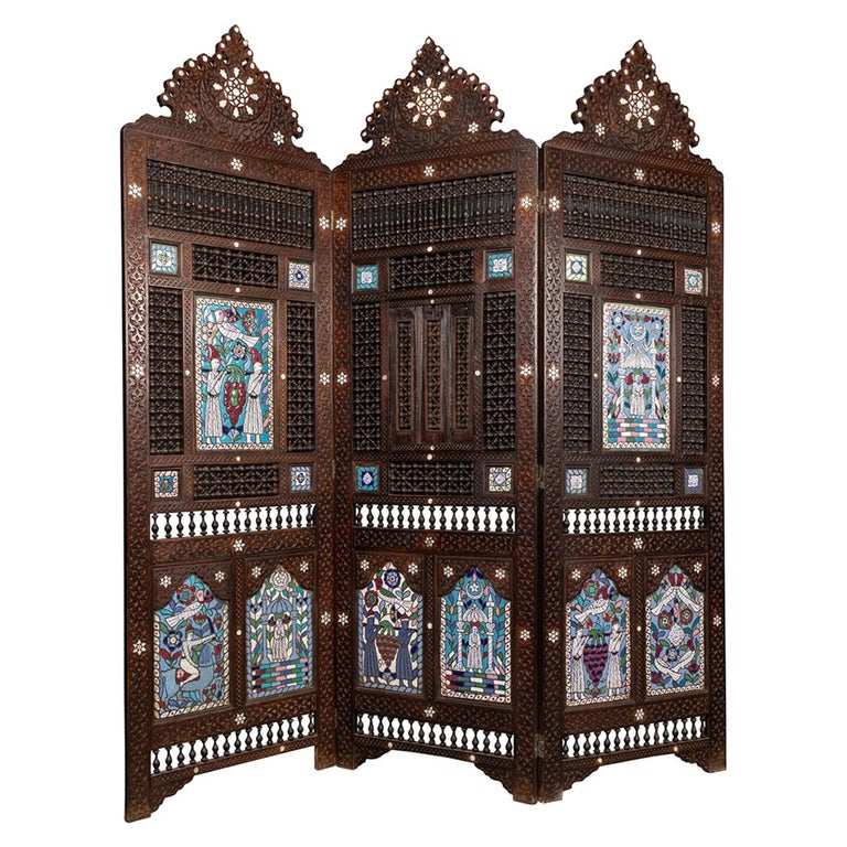 20th Century Middle-Eastern Folding Screen with Enamel Panels at 1stDibs