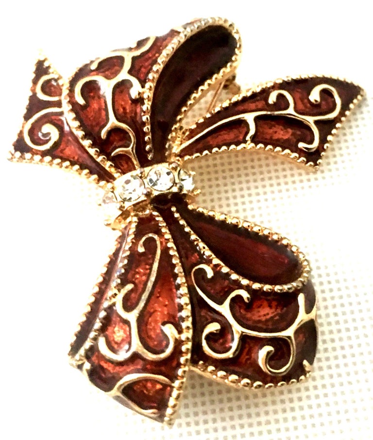 20th Century Monet Gold Enamel and Crystal Dimensional Holiday Bow ...