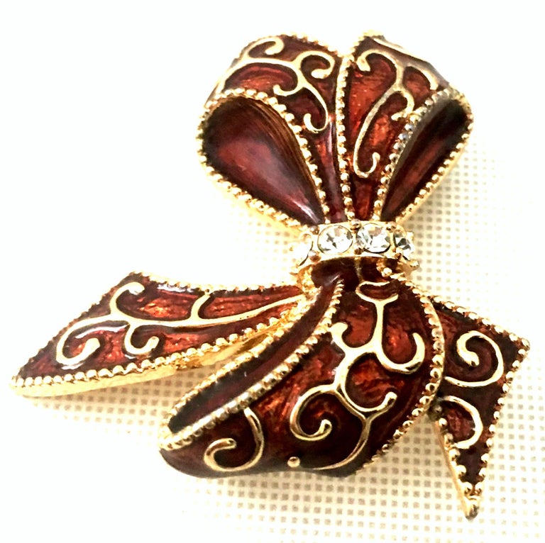 20th Century Monet Gold Enamel and Crystal Dimensional Holiday Bow ...