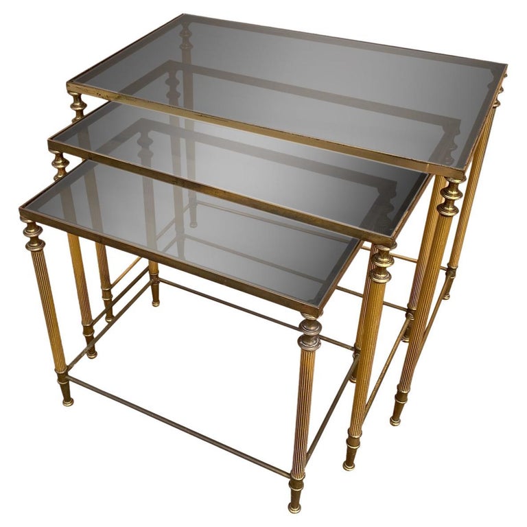 20th Century Nest of 3 Brass Tables with Smoked Glass Tops For Sale at ...