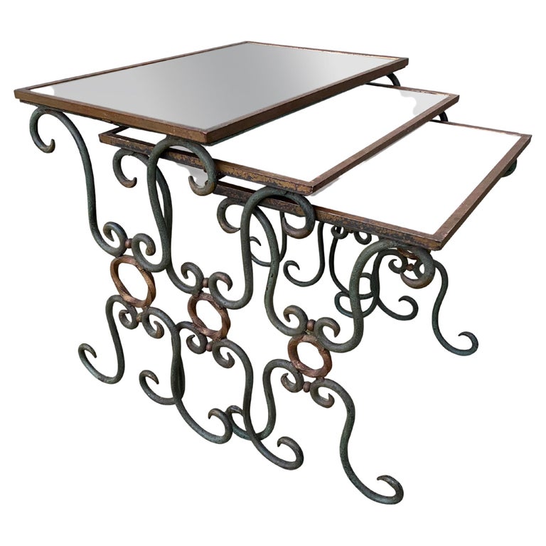20th Century Nest of 3 Painted Wrought Iron Tables with Mirror Tops For ...