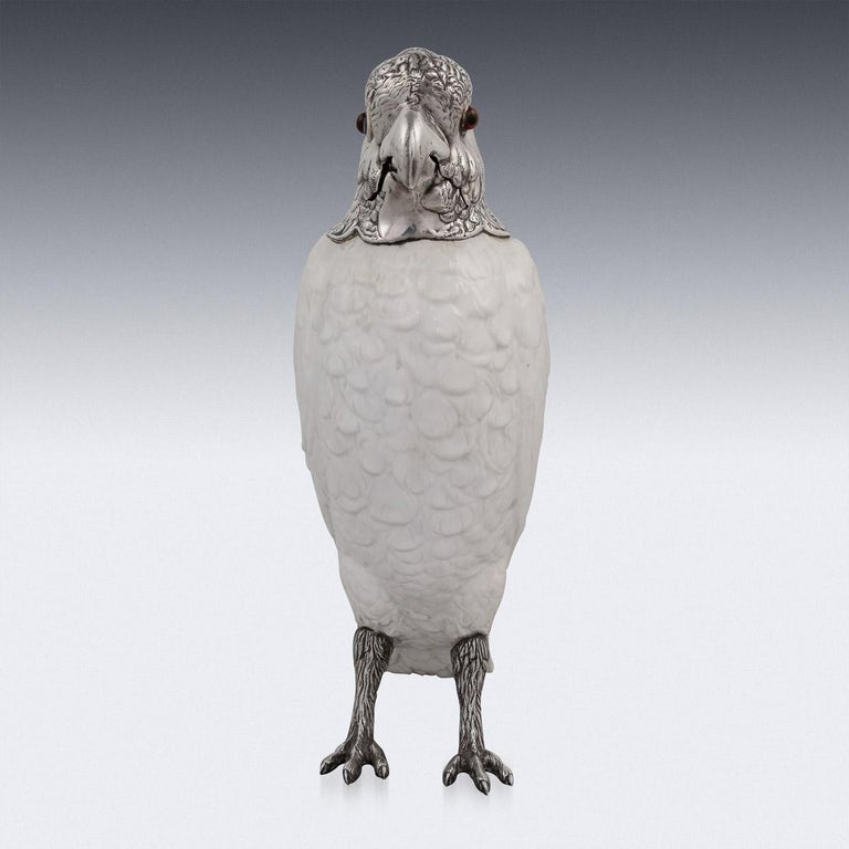 20th Century Novelty Cockatoo Solid Silver and Porcelain Claret Jug, c ...