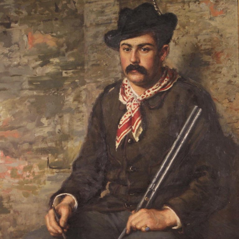 20th Century Oil on Canvas Italian Hunter Portrait Painting, 1920 For ...
