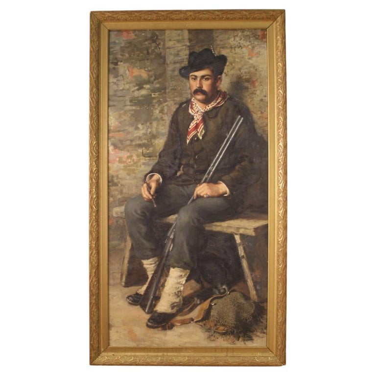 20th Century Oil on Canvas Italian Hunter Portrait Painting, 1920 For ...